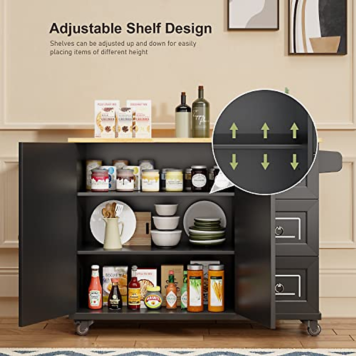 Qsun Kitchen Island with Storage on Wheels with Drop Leaf, Kitchen Island Cart with Rubber Wood Top, Large Storage Cabinet, Three Large Drawers, Side Towel Rack and Spice Rack (Black)