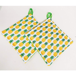 Potholder Set in a Pineapple and Green Polka Dot Fabric Print by Sewuseful Studios LLC