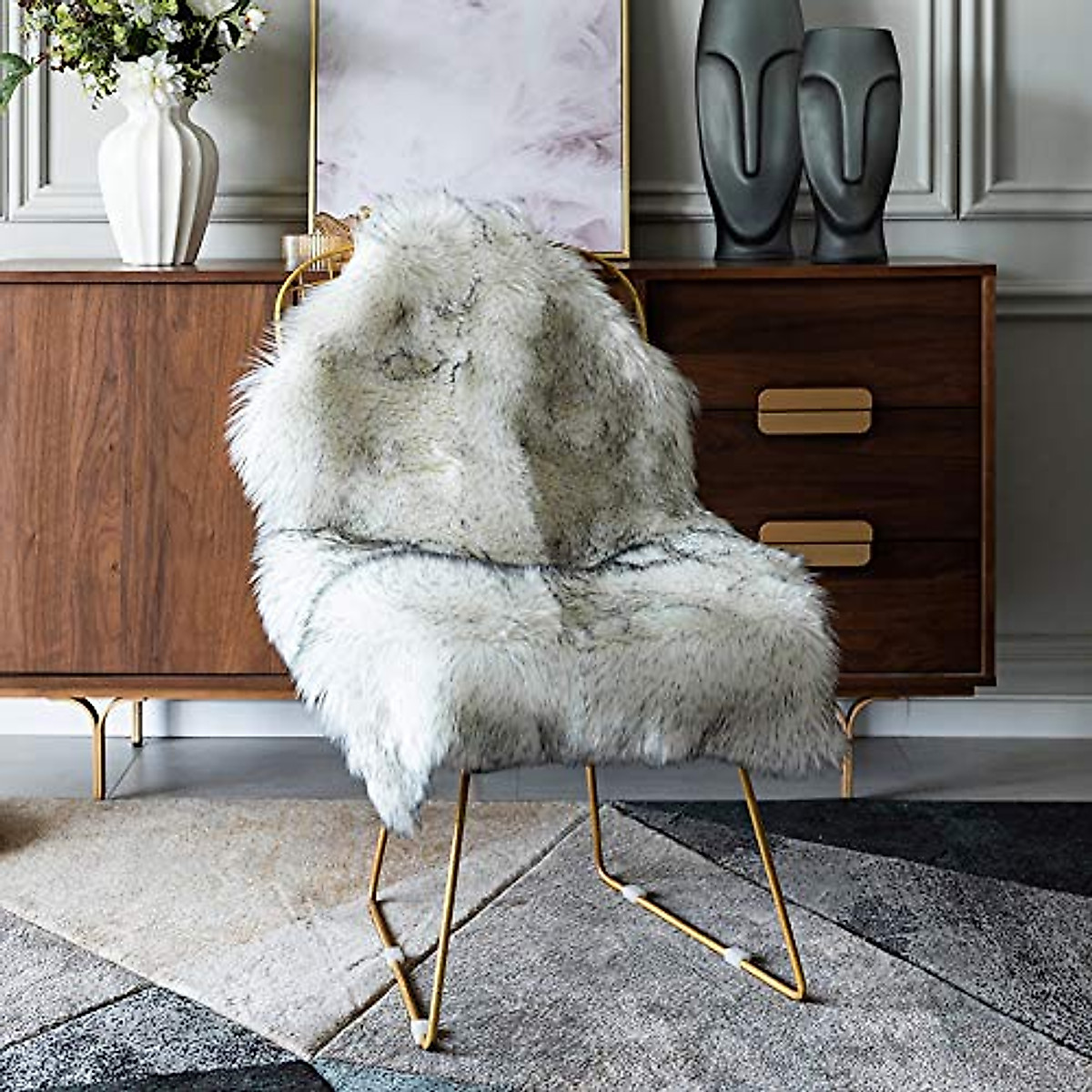 Carvapet 2 Pieces Soft Fluffy Faux Fur Chair Couch Cover Plush Sheepskin Area Rug Bedroom Living Room 2 x 3 Feet,Black/White