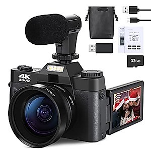 Monitech 4K Compact Digital Camera, Video Camera with Wide-Angle & Macro Lens, Camera for Photography with External Mic, 32GB TF Card, Vlogging Camera