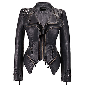 chouyatou Women's Fashion Studded Perfectly Shaping Faux Leather Biker Jacket (Large, Black)