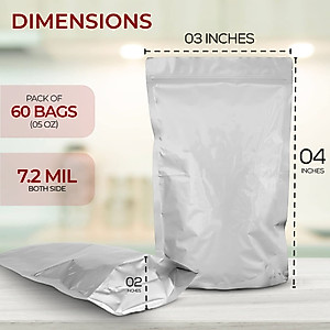DINNESTY 60PCS 5 Oz 3" x 4" Inch Mylar Bags for Food Storage with Extra 7.2 MIL Thickness Heat Sealable Zipper Stand-Up Long Term Mylar Food Storage Bags with Oxygen Absorbers 300CC and Labels