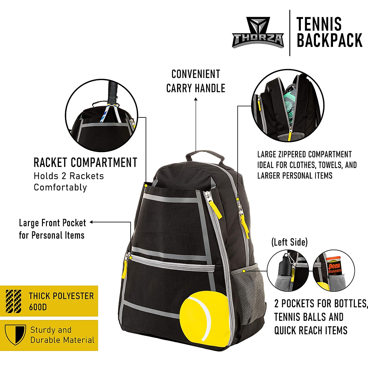 Thorza Tennis Racket Bag – Lightweight Tennis Backpack Stores 2 Racket, Balls, and Sports Gear – Tennis Racket Holder for Men and Women – Backpack Only