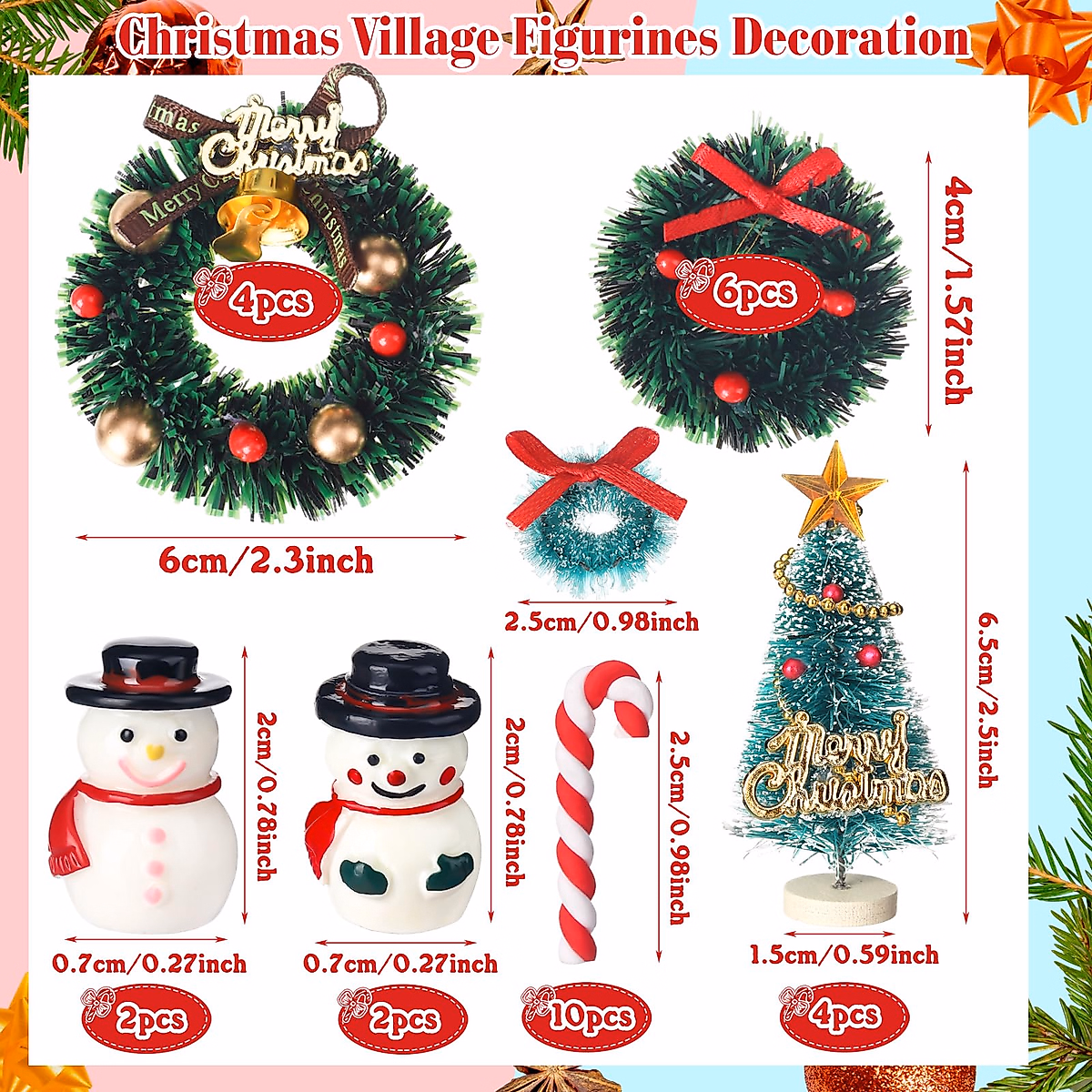 Shappy 36 Pcs 1:12 Scale Christmas Miniature Figurines Miniature Christmas Tree Wreath Candy Cane Snowman Ornaments Christmas Village Statue Desktop Decorations for Christmas Holiday Festival Decor