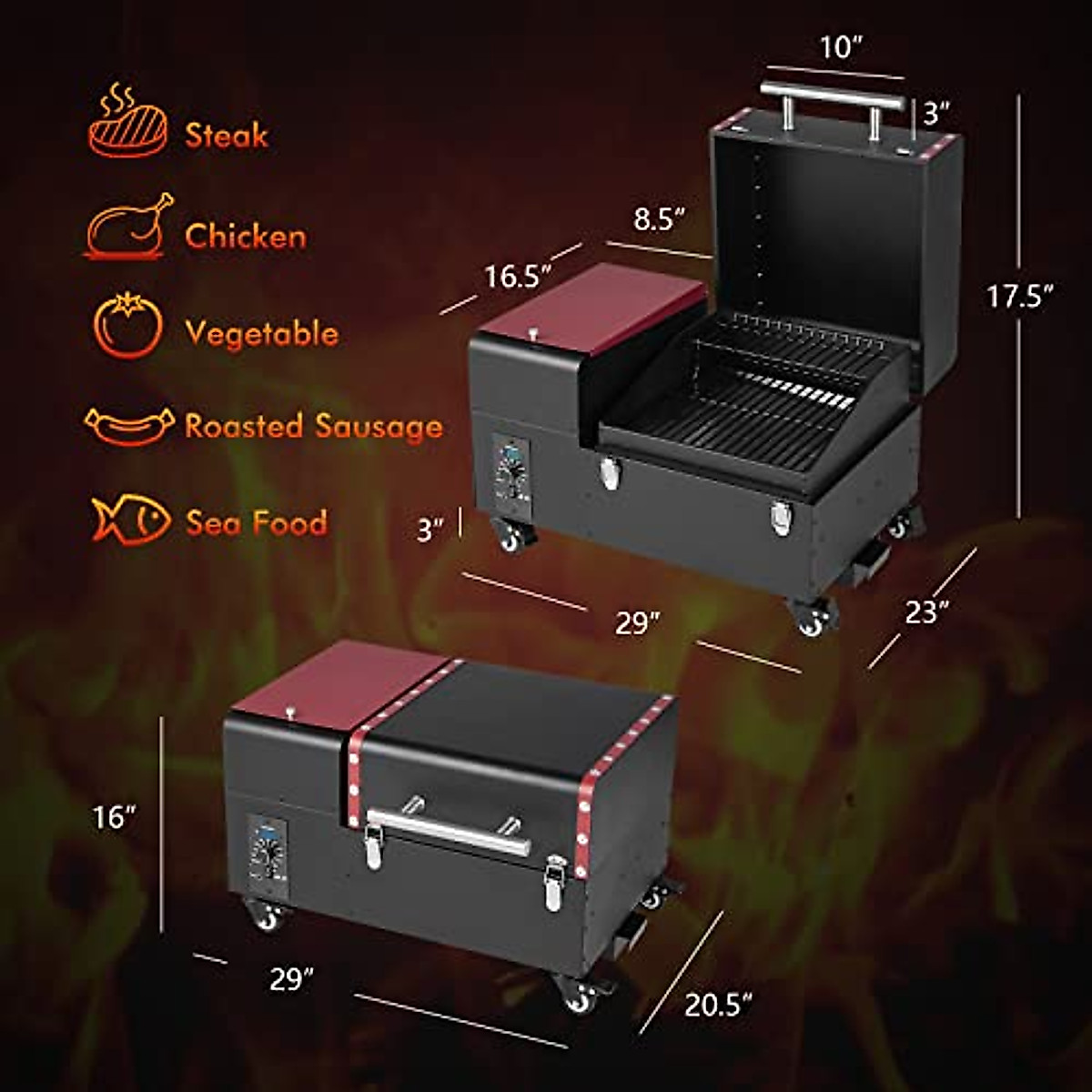 ORALNER Portable Pellet Smoker Grill on Wheels, 8 in 1 Tabletop Outdoor BBQ Grill for Tailgating RV Travel Camping Cooking, Small Wood Pellet Meat Smokers w/LED Display, Temperature Probe