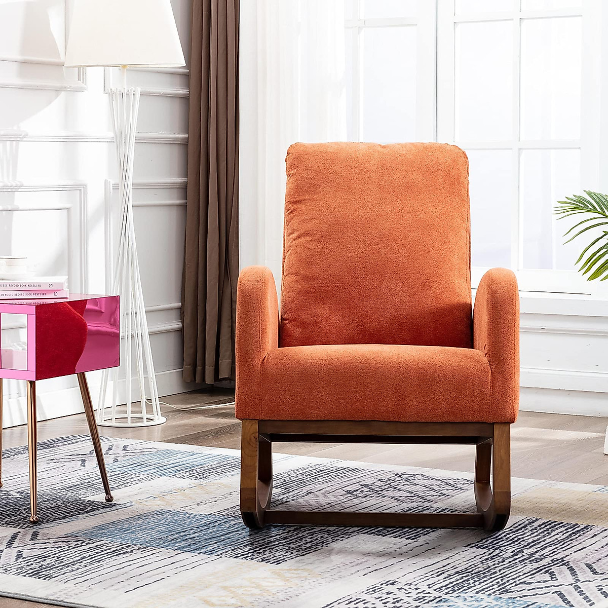 CALABASH Upholstered Rocking Chair Indoor Nursery Rocker Chair Comfortable Thick Padded Armchair with High Backrest Retro Mid-Century Nursery Glider Chair with Armrests for Living Room (Orange)