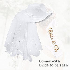 4E's Novelty Bride Cowgirl Hat with Veil & Sash - Women White Cowboy Hat Bachelorette Party, Bridal Shower Dress Up