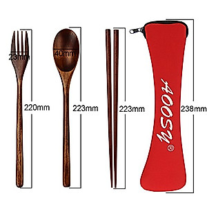 Wooden Spoon and Fork Set, Flatware Set, AOOSY Nanmu Wood Fork Spoon Chopsticks Travel Flatware Set Tableware with Bag, Brown Color