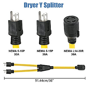 HDWS 3FT NEMA 2X 5-15P to L14-30R Y Adapter Cord, (2) 5-15 Male Plug 3 Prong to Generator Twist Lock L14-30 Female Receptacle 4 Prong, 120V/240V 30 Amp Generator Welder Dryer Power Cord Adapter