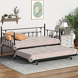 VECELO Daybed Frame, Twin Size Metal Platform Bed with Headboard,Heavy Duty Steel Slats Support for Living Room Bedroom Guest Room, Easy Assembly