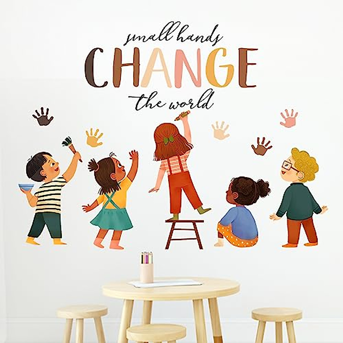 Mfault Small Hands Change The World Equality Wall Decals Stickers, Inspirational Diversity Inclusion Handprints Nursery Decorations Kids Bedroom Art, Neutral Toddlers Room Decor