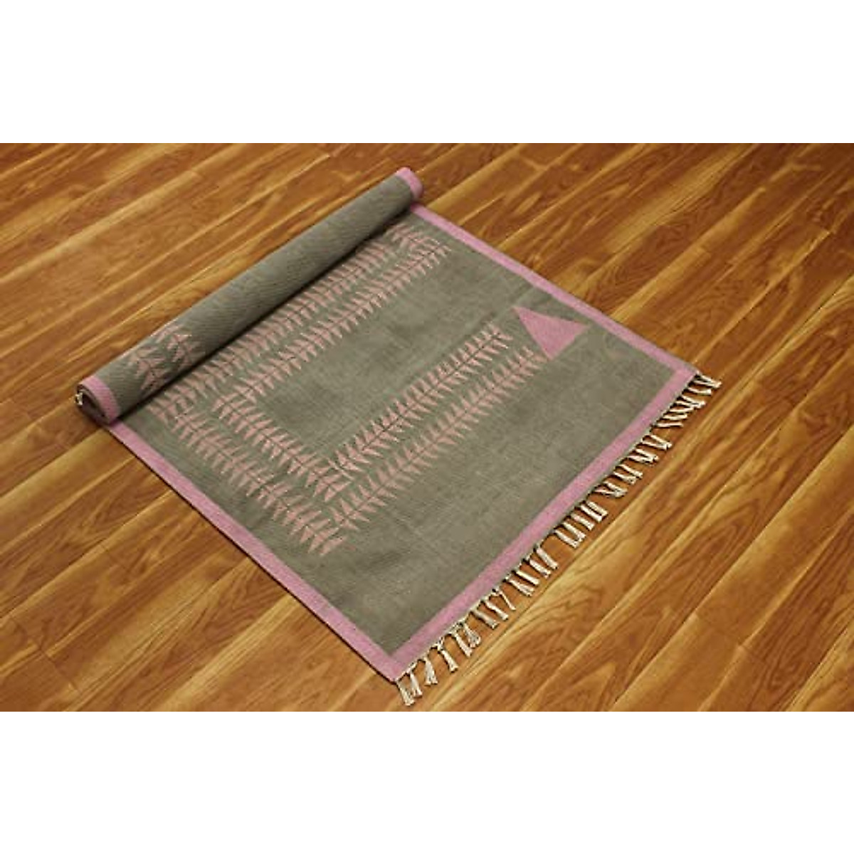 Casavani Hand Block Printed Area Rug Geometric Green & Pink Cotton Dhurrie Washable Kitchen Rugs with Tassels for Bedroom,Laundry,Living Room,Porch 4x6 5x8 2x3 Feet