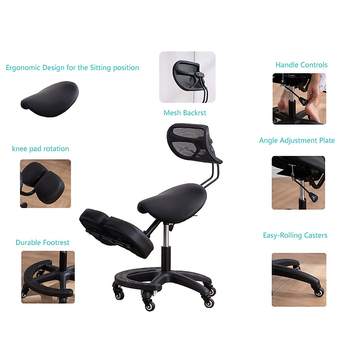 Ergonomic Kneeling Chair with Back Support, Wheels, Adjustable Saddle Chair for Home and Office with Angled Seat for Better Posture, Black