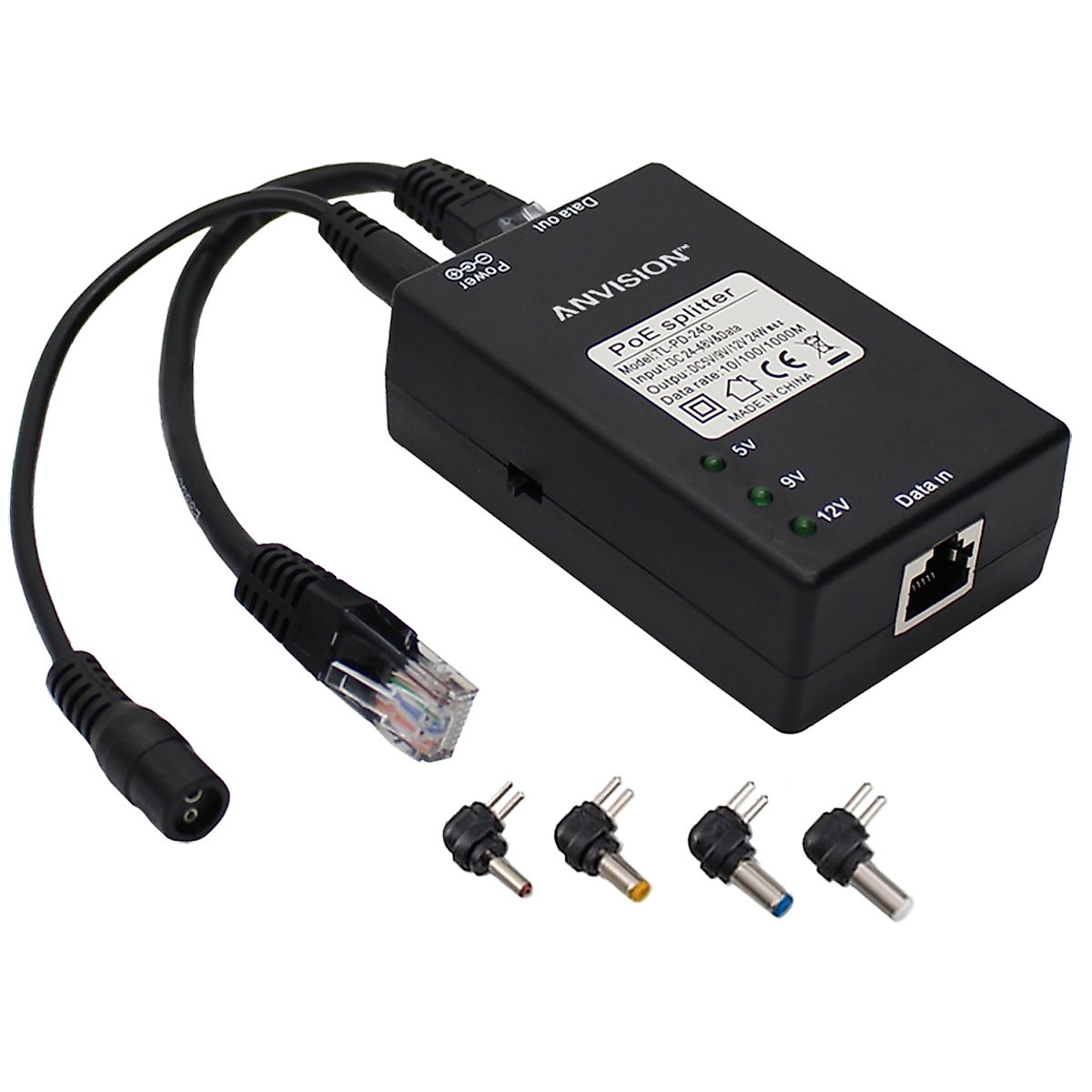 ANVISION Active Gigabit PoE Splitter Adapter with Multi-Size Tips, IEEE 802.3af Compliant, DC 5V 9V 12V Power Output, for IP Camera AP Voip Phone and More
