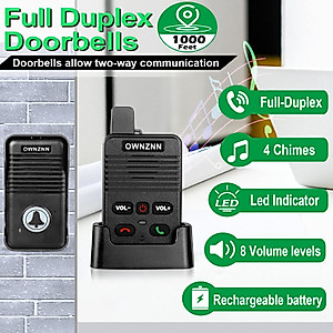 Wireless Doorbell, OWNZNN Intercom Doorbells Hands-Free, Waterproof Full Duplex Door Bell Two Way communication for Home Office 1000ft Range Doorbell Chime with 8 Volume Levels& LED Flash-Black 2Packs