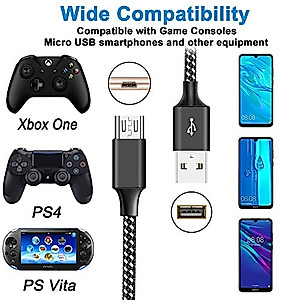 PS4 Controller Charger Cable 3-Pack 6FT for Xbox One Controller,Dualshock 4,PS4 Charging Cord,Nylon Braided Micro USB Data Sync Cable for Xbox One S/X,Playstation 4,PS4 Slim/Pro,Charge and Play Wire