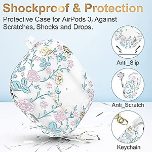 KINGXBAR Compatible with AirPods 3rd Generation Case, Cute Floral Clear Soft TPU Shockproof Protective Cover for Women Girls with Keychain for Apple AirPods 3 2021 Charging Case (Blue)