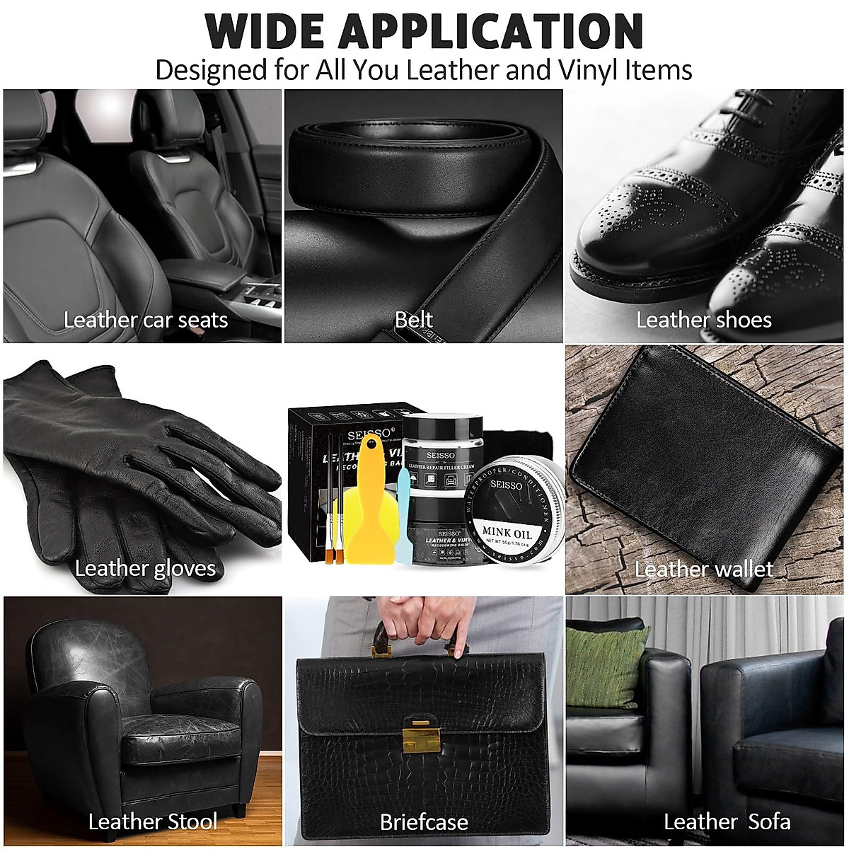 Black Leather Recoloring Balm, Leather & Vinyl Repair Kit with Mink Oil & Leather Filler for Leather Scratch Peeling, Fading Shoes, Vinyl Furniture, Car Leather, Sofa