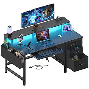 Lufeiya Gaming Desk with LED Lights and Power Outlets, 47 Inch Home Office Desks with Keyboard Tray, Computer Desk with File Drawers Cabinet, Writing Table PC Desks with Monitor Stand, Black