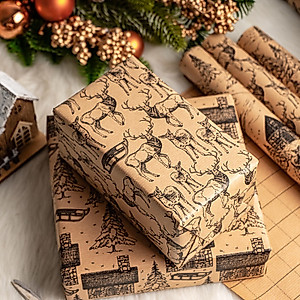 RUSPEPA Kraft Wrapping Paper Rolls - 17 inches x 10 feet per Roll, Total of 4 Rolls, Black Sketch Design