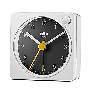 Braun Classic Travel Analogue Alarm Clock with Snooze and Light, Compact Size, Quiet Quartz Movement, Crescendo Beep Alarm in White and Black, Model BC02XWB.