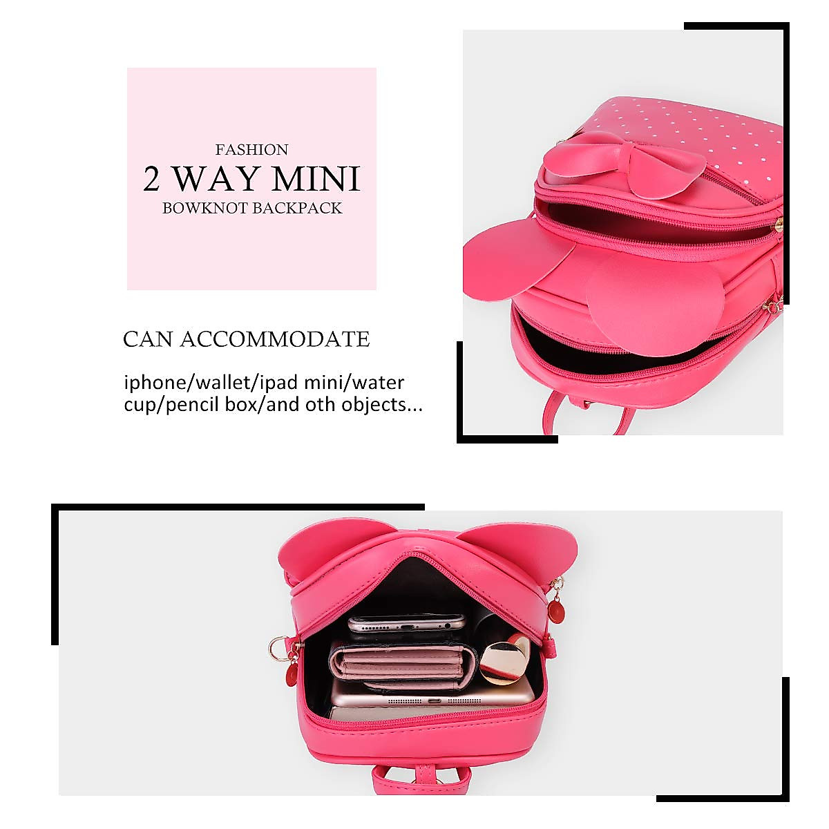 KL928 Girls Mini Backpack Bowknot Polka Dot Cute Small Daypacks Convertible Shoulder Bag Purse for Women