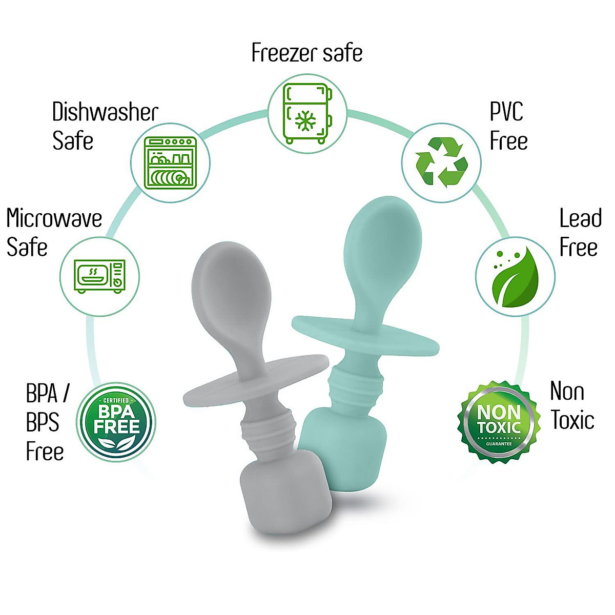 Silicone Baby Spoons for Baby Led Weaning 2-Pack, First Stage Baby Feeding Spoon Set Gum Friendly BPA Lead Phthalate and Plastic Free, Great Gift Set (Light Blue/Cool Gray)