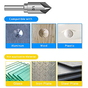 Countersink Drill Bit Set, 5 Pieces 1/4” 3/8” 1/2” 5/8” 3/4” High Speed Steel 1/4” (6mm) Round Shank, 82 Degrees Counter Angle, 5 Flute Mill Cutter Bit Countersink Set, Silver