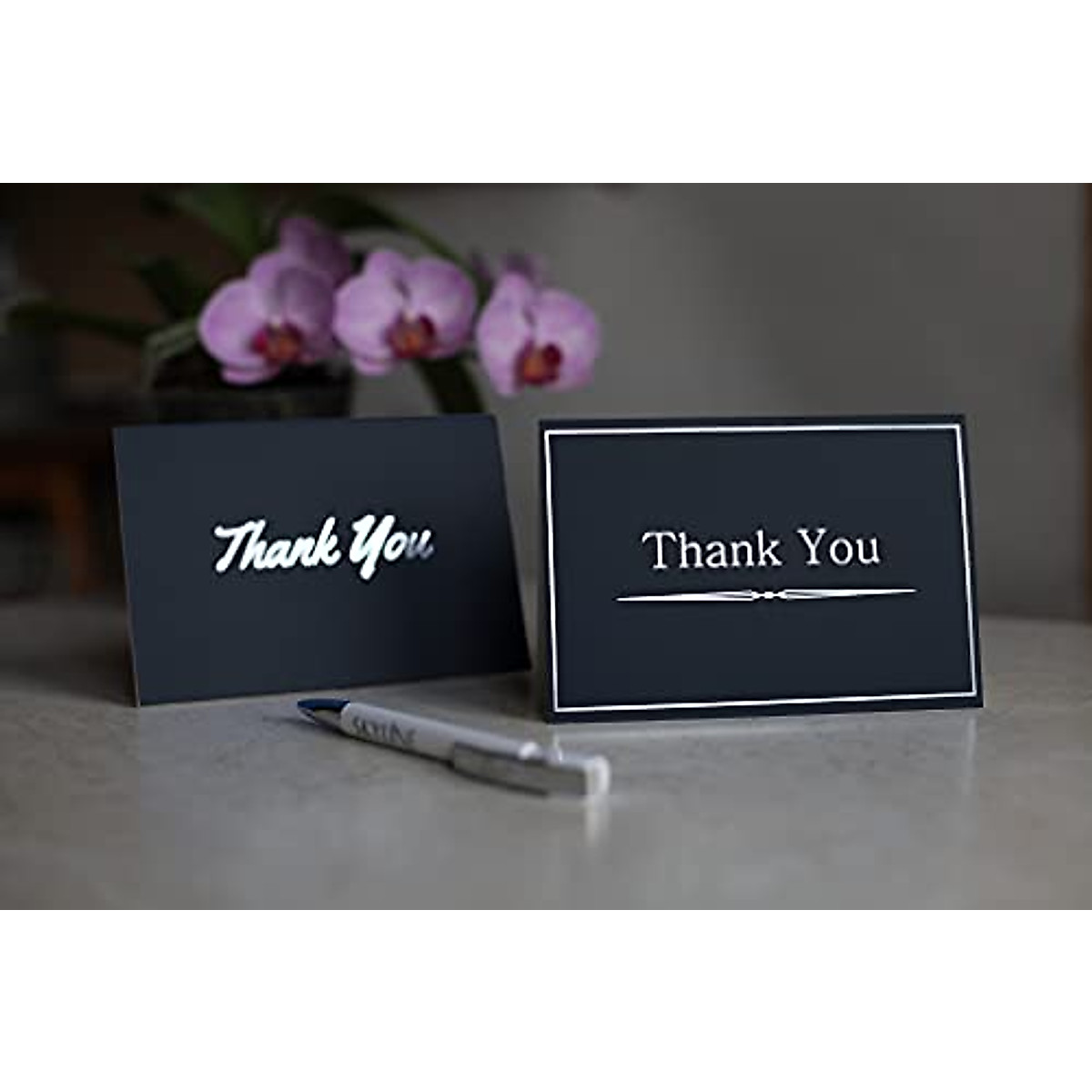 120 Elegant Thank You Cards in Black with Matching Black Envelopes and Sealing Stickers - Thick Quality Cardstock 6 Designs Bulk Notes Embossed with Silver Foil Letters, 4x6 Inches Folded