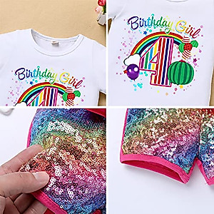4th Birthday Outfit Girl Toddler Kids Short Sleeve T-shirt+Shiny Gold Rainbow Sequin Shorts+Headband 3PCS Summer Clothes Melon Themed Gifts Watermelon Party Supplies Cake Smash Photoshoot Pink-4 4T