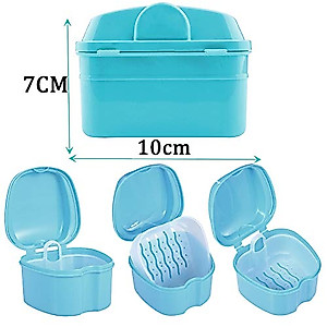 Denture Bath Box Cup, Complete Clean Care for Dentures, Clear Braces, Mouth Guard, Night Guard & Retainers,Traveling (Blue & White)