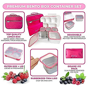 Stainless Steel Kids Bento Lunch-Box with Lunch Bag Ice Pack for Toddler Kids Adult, Leak-Proof School Lunch Container Boxes, Food Snack Containers for Child Daycare Picnic, 5 Compartment 34 oz Pink