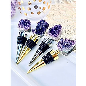 LUXE CRYSTAL CO. Natural Amethyst Teeth Raw Crystal Wine Stopper Bottle Gold Silver Handmade Wine Champagne Gifts for Her Bridal Shower Minimalist Decor (Silver)