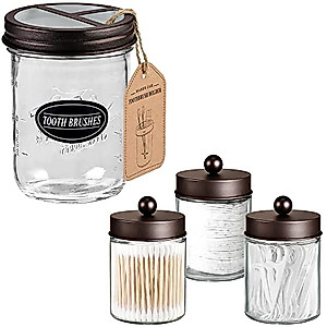 3 Pack Apothecary Jar Canisters Bathroom Vanity Organizer for Qtips,Cotton Swabs+Mason Jar Toothbrush Holder with 16 Ounce Ball Mason Jar - Rustic Farmhouse Decor Black Bathroom Accessories - Bronze