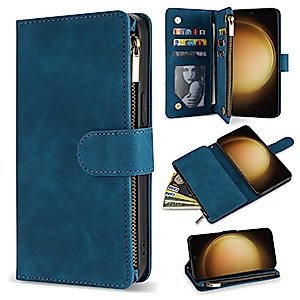 ZZXX Samsung Galaxy S23 Wallet Case with RFID Blocking Card Slot PU Leather Zipper Flip Folio with Strap Kickstand Protective Cover for Samsung Galaxy S23 Case Wallet(Blue-6.1 inch)