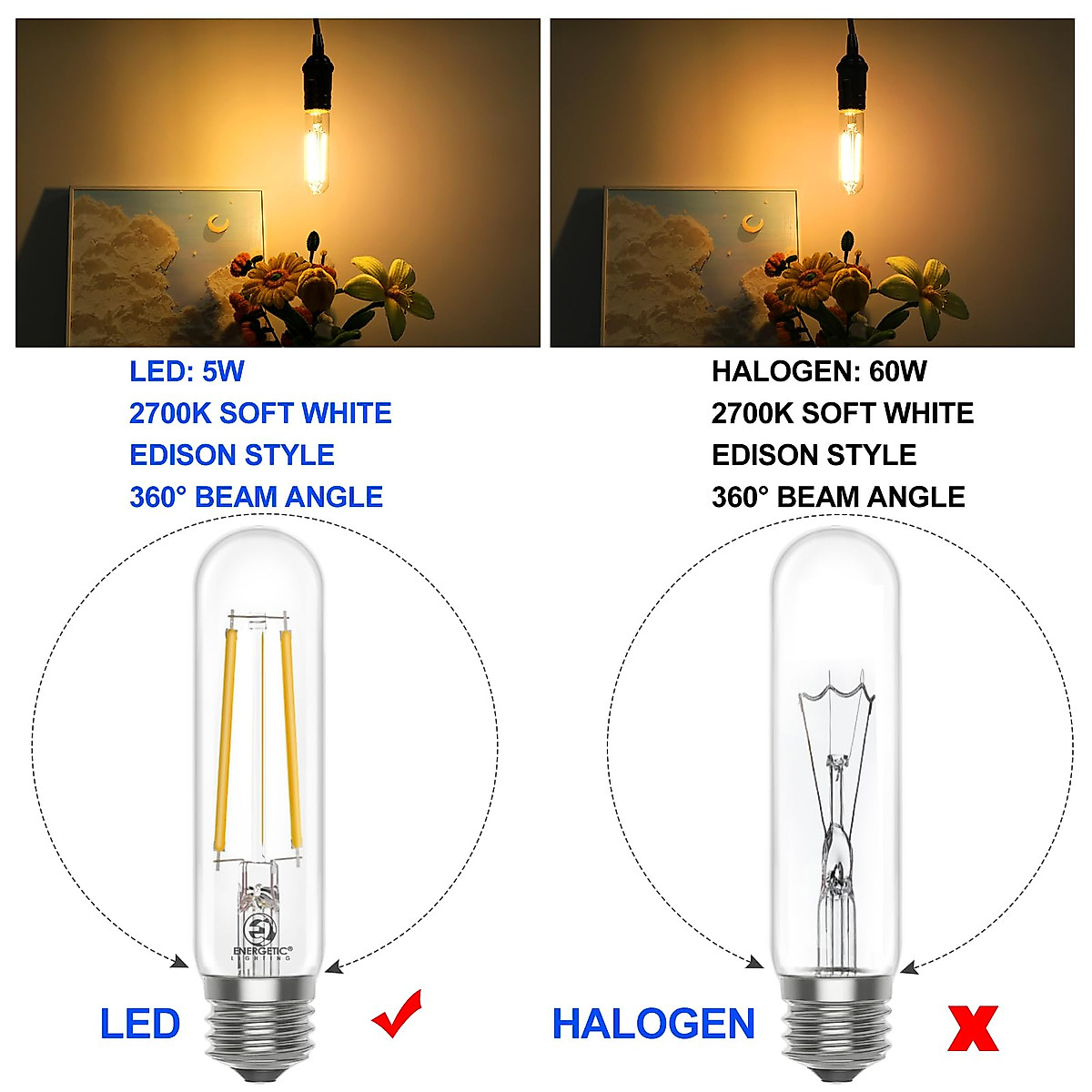 Energetic E12 LED Bulb 5 Watt (60 Watt Equivalent) Candelabra Dimmable Chandelier Light Bulbs Soft White 2700K T6 Vintage Filament Edison Candle Bulb, 6 Pack