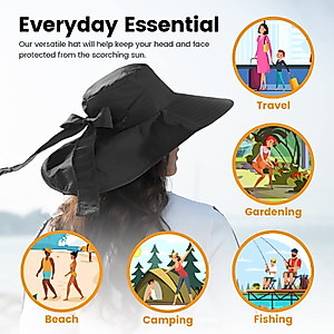 Womens Foldable Flap Cover UPF 52+ UV Protective Wide Brim Bucket Sun Hat Black