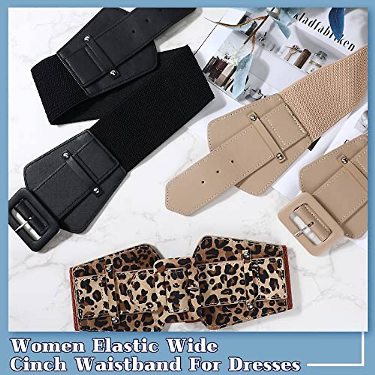 Geyoga 3 Pieces Women Waist Belt Elastic PU Leather Corset Cinch Belt Stretchy Retro Corset Belt Chunky Buckle Belts Waistband for Dresses, Leopard, Brown, Black