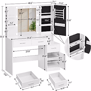 usikey Vanity Desk with Mirror and Lights, Makeup Vanity, Vanity with Jewelry Storage, Makeup Vantity Desk with 3 Drawers, for Women, Girls, Bedroom, White