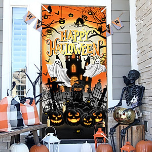 Avezano Halloween Door Decorations Happy Halloween Door Cover Haunted House Scary Cemetery Halloween Door Banner Sign Halloween Decorations Indoor Outdoor (Orange)