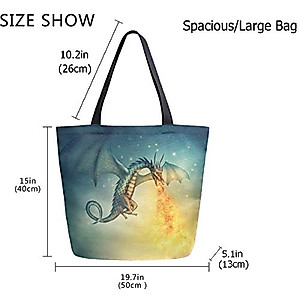 ZzWwR Flying Fantasy Dragon Spray Fire Large Canvas Shoulder Tote Top Handle Bag for Gym Beach Travel Shopping