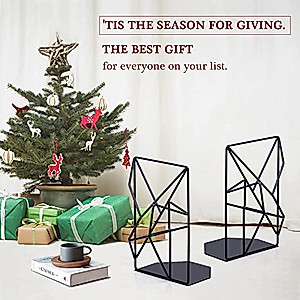 SRIWATANA Bookends Black, Decorative Metal Book Ends Supports for Shelves, Unique Geometric Design(1 Pair/2 Pieces)
