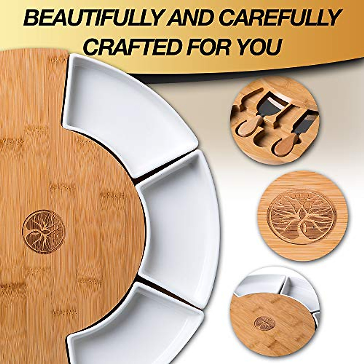 Premium Bamboo Cheese Board and Knife Set - Charcuterie Board Set w Accessories – Meat and Cheese Board, Serving Platter with 3 Bowls - Housewarming Gift for Women - Anniversary Wedding Gifts