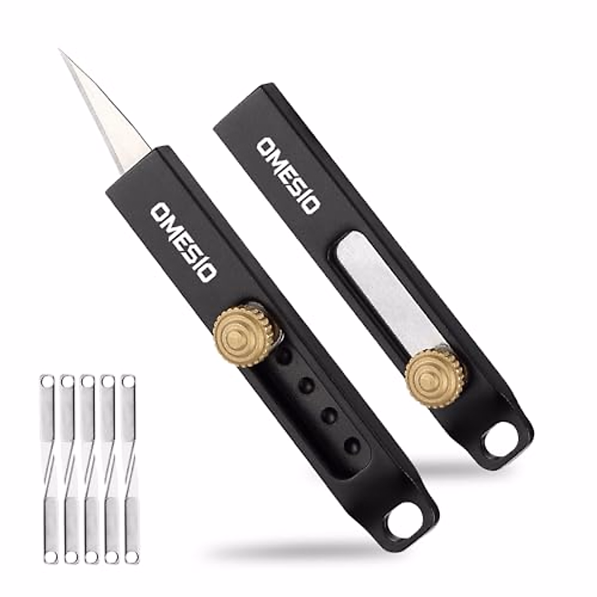 Omesio 2PCS Mini Pocket Box Cutter Keychain, Small Folding Utility Knife with 10 Extra Blades for Men, EDC Retractable Package Letter Opener Cutter Tool Little Box Cutter (Black)