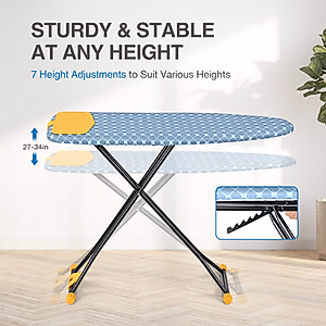 APEXCHASER Ironing Board with Iron Rest, Compact and Space Saver Iron Board, Extra Thick Cover, Height Adjustable, Wall Mount & Closet Hanger 13x43 Yellow