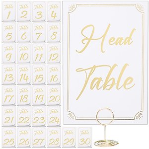 Gold Table Numbers 1-30 with Head Table Card & Table Number Holders - Elegant 4 x 6 Inch Place Seating Sign with Highly Visible Numbers for Wedding Reception, Restaurant, Anniversary, Birthday Party