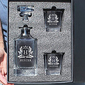 Personalized Whiskey Decanter and 2 Glasses Set - Custom Monogrammed with Cavalier Design