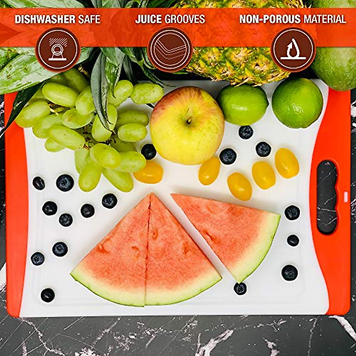 Organic Bamboo and Plastic Cutting Boards for Kitchen (2 Piece Set), Featuring Juice Grooves, Non-Slip, Grip on Granite Counter, Double Sided Chopping Board, BPA Free, by PandPal