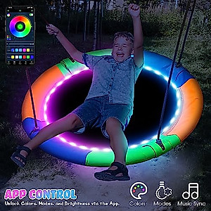 LFSMVT LED Saucer Tree Swing, 40 Inch Light Up Kids Swing Set with APP & Remote Control, Music Sync, Waterproof Round Circle Swings for Kids Outdoor, Playground, Backyard