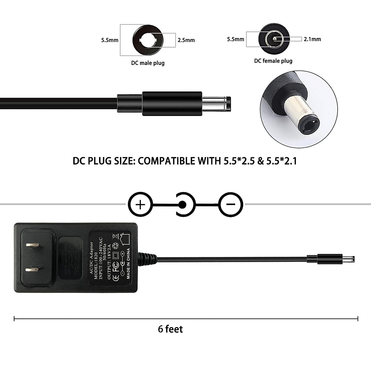 18V 2A 36W AC/DC Power Supply Adapter, Wall, Center Positive DC Plug 5.5x2.1mm 5.5mmx2.5mm Compatible for 18 Volt 1A 1.1A 1.2A 1.3A 1.4A 1.5A 1.6A 1.7A 1.8A 1.9A 2A 1000mA~2000mA Equipment (6 ft)